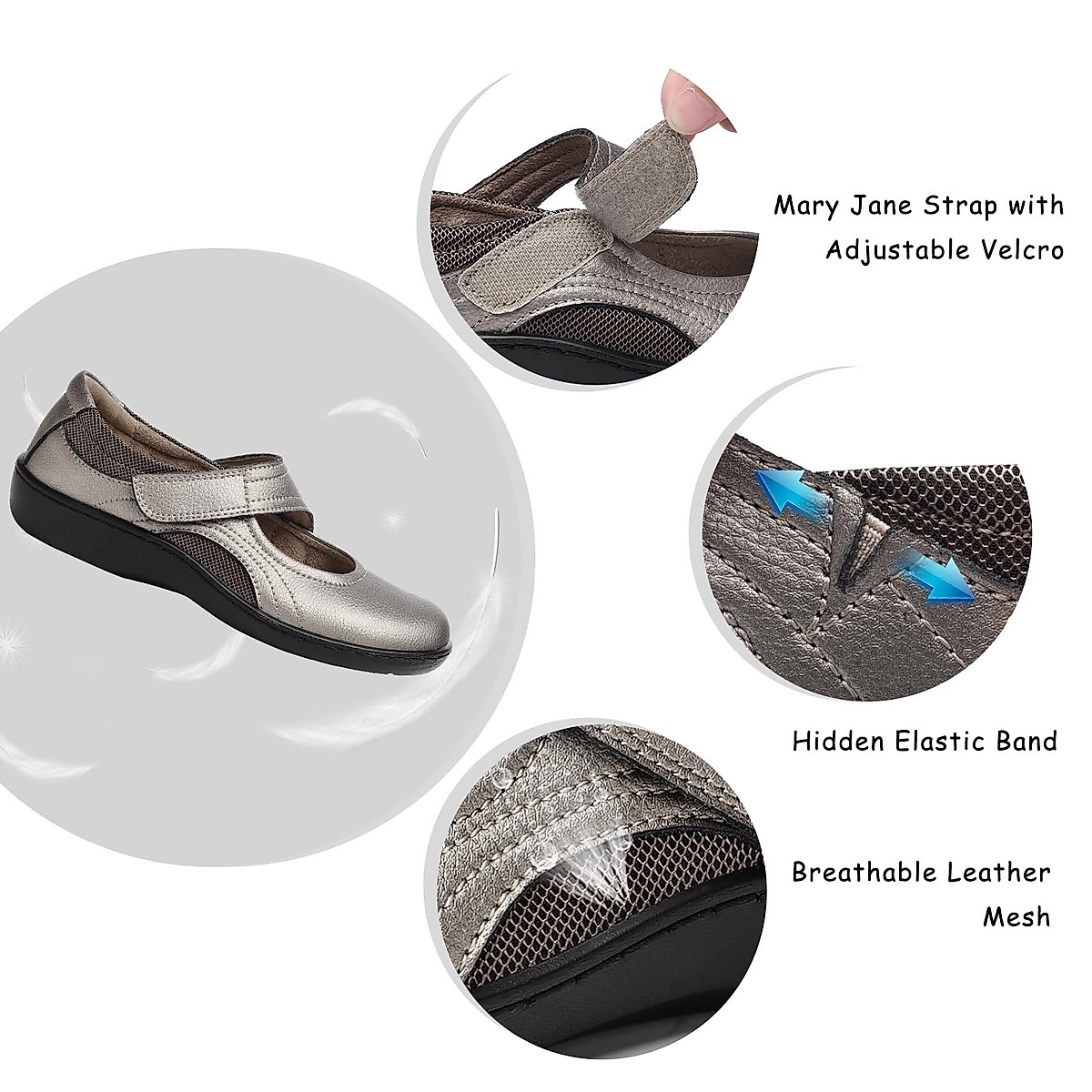 Oviaric Women's Classic Comfort Pewter Mary Jane Flats Fashion Casual Dress Shoes Cute Closed Toe Slip On Lightweight Breathable Walking Shoes 10 M US 1904-GUT100