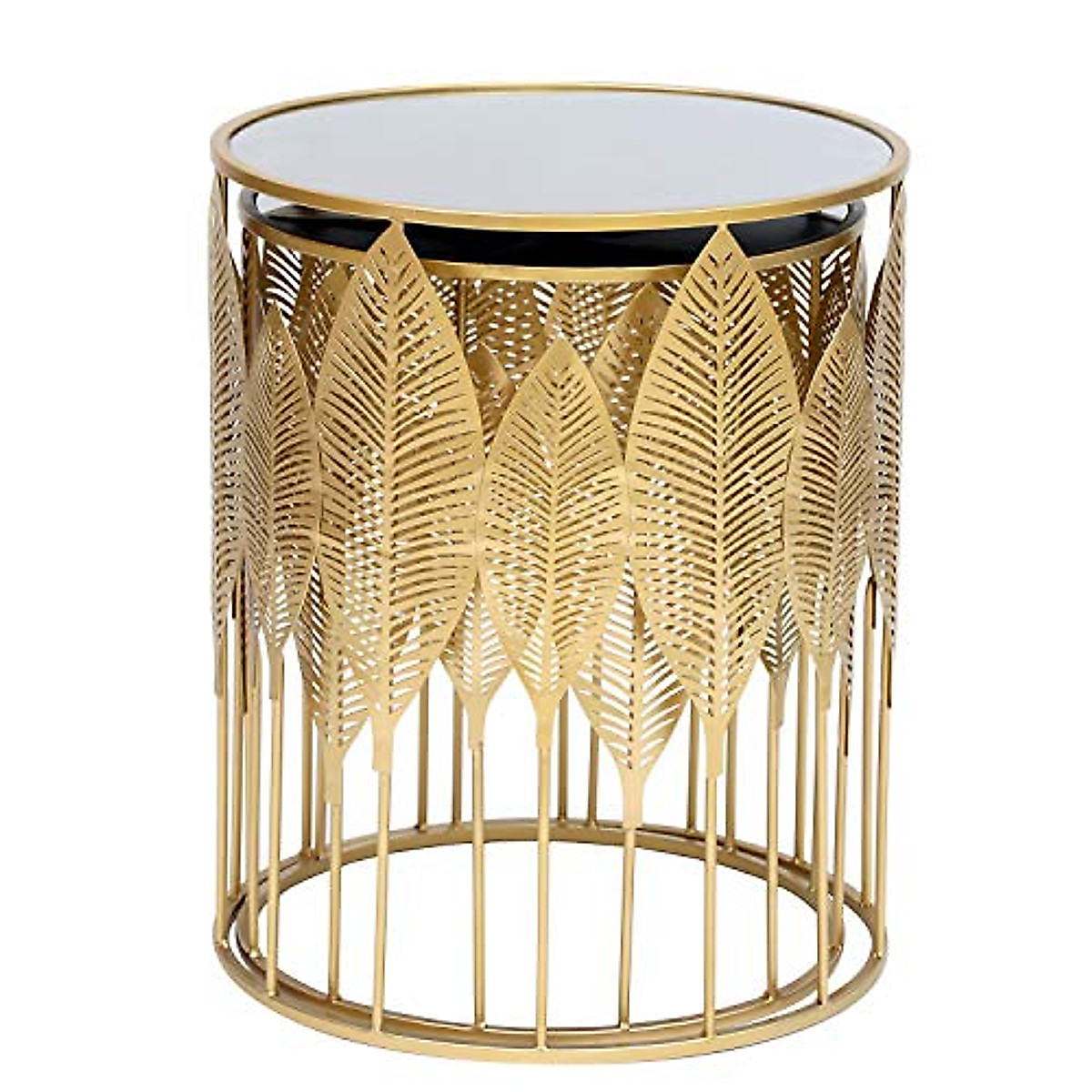 Adeco Set of 2 Side, Decorative Round Metal Accent End Nightstands, Coffee Plant Stand for Living Room Bedroom Nesting Tables, Gold Leaf