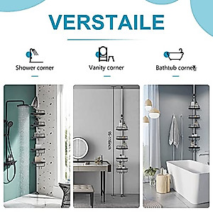 DYN Ptah 6 Tiers 95 to 116 Inch Rustproof Shower Caddy Tension Pole with 5 Shelves + 1 Tower Rack, CornerStanding Constant Tension Pole 304 Stainless Steel Adjustable Height Storage Organizer, Black