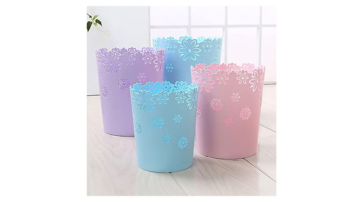 Stylish Pink Wastebasket with Hollow Flower Design - Compact & Durable