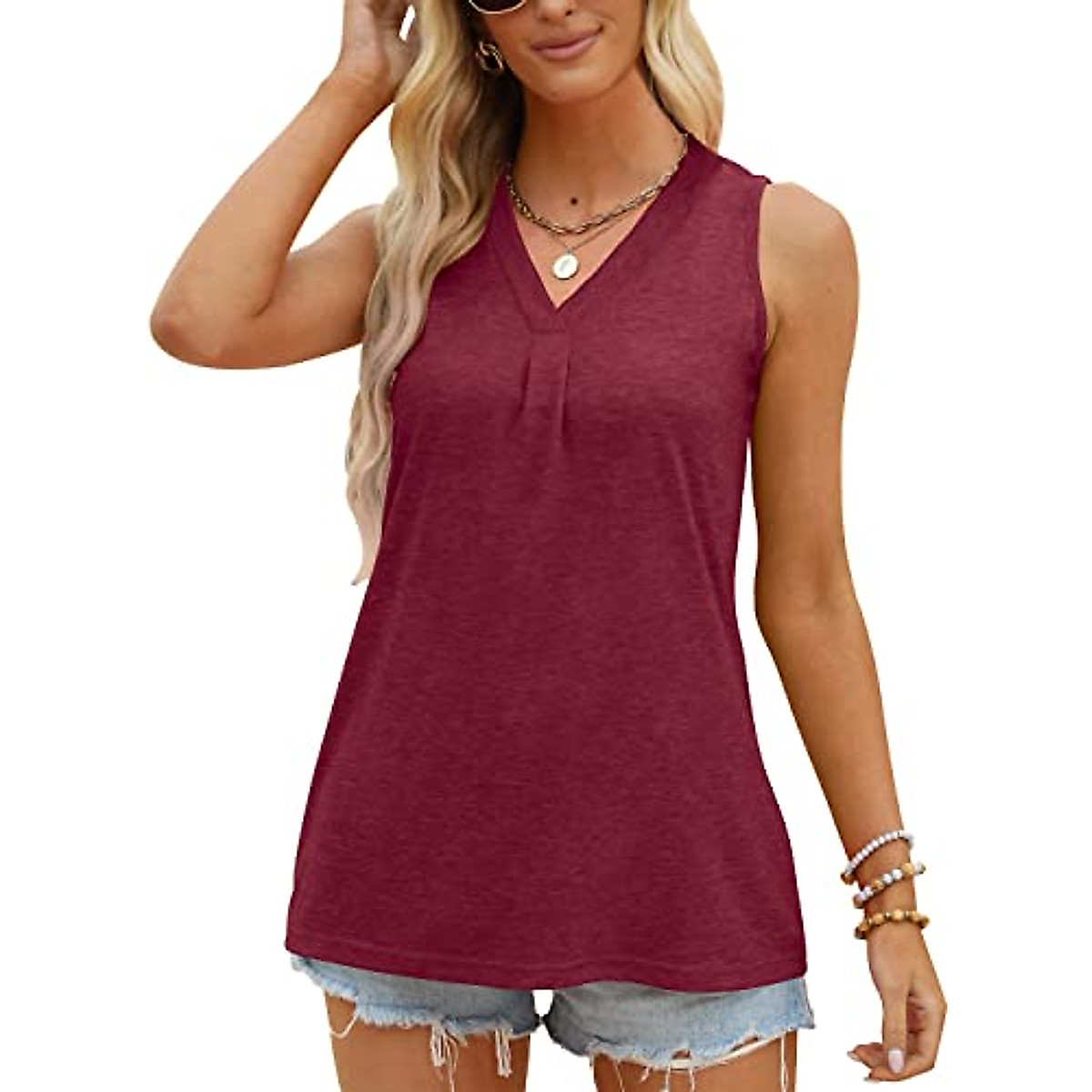 Womens Tops Dressy Casual V Neck Sleeveless Tunic Tops Loose Fit Red Small