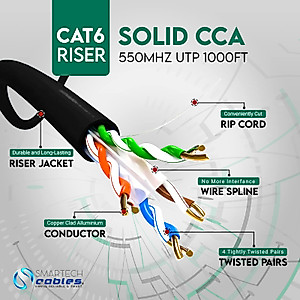 SmarTech Cables Cat 6 Cable 1000ft (Riser) - UTP 4 Pair Solid Conductor, Easy to Install Cat6 Riser 1000ft, High Speed 10 Gbps, 23 AWG Cat6 1000ft Ethernet Cable, Certified Bulk Cat6 Cable 1000ft