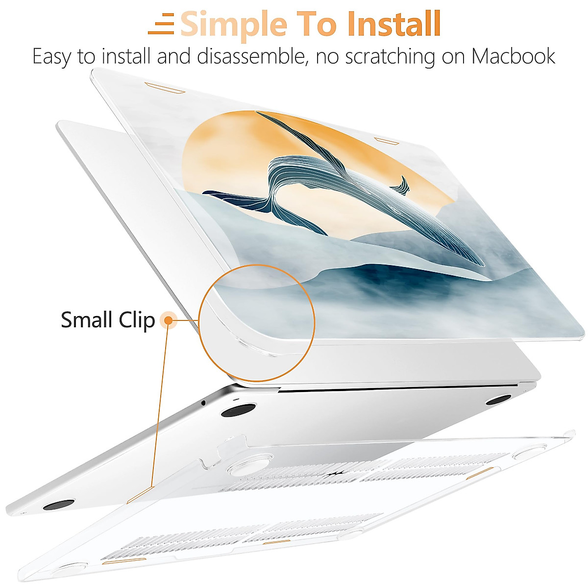 Yebiseven Case for MacBook Air 15 inch M3/M2 2024 2023 Released Model A3114/A2941, Plastic Hard Shell Laptop Case with Keyboard Cover & Trackpad Film & 2 OTG Adapters, Art Whale