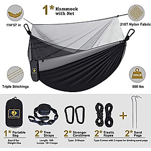 Qevooon Camping Hammock with Net,Travel Portable Lightweight Hammocks with Tree Straps and Solid D-Shape Carabiners,Parachute Nylon Hammock for Outsides Backpacking Beach Backyard Patio Hiking