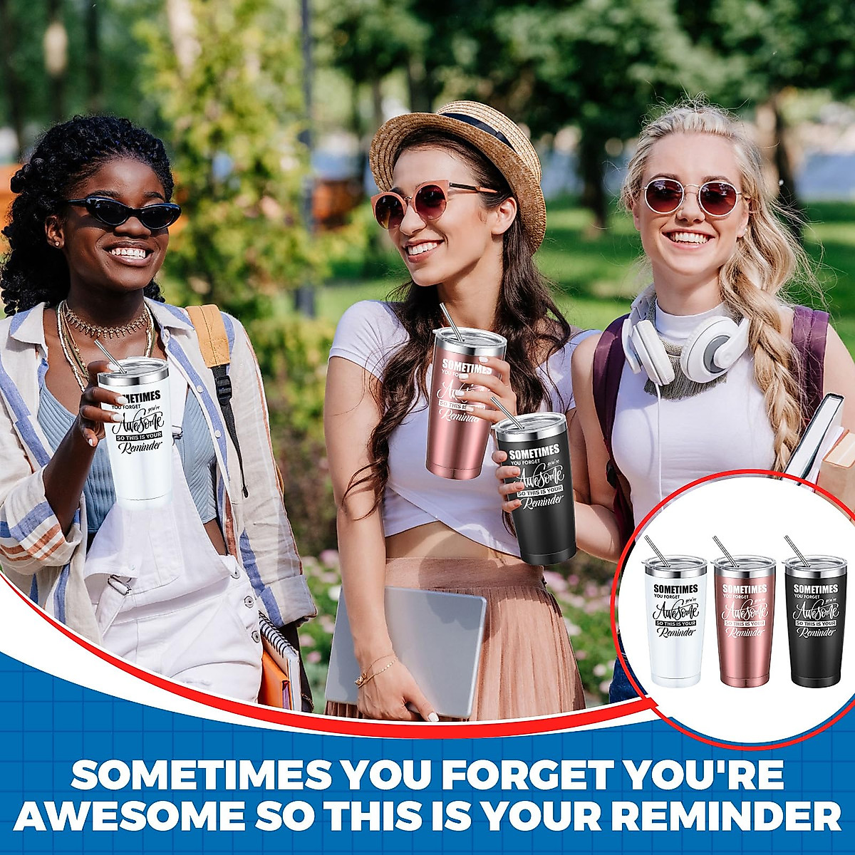 Nuogo Thank Gifts Appreciation Gift for Women Men You're Awesome Stainless Steel Insulated Tumbler with Lids and Straws for Coworker Employee Teachers Nurse Gifts, 20 oz (Classic Colors,6 Sets)