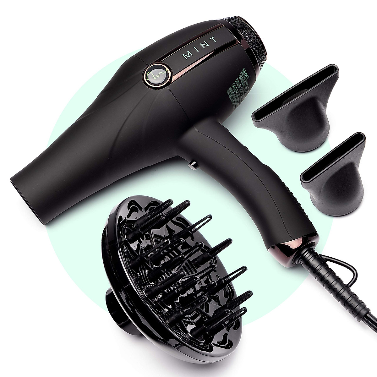 Professional Series Stealth Ionic+ Technology Hair Blow Dryer with Diffuser by MINT | Extremely Quiet with 1875 Watts of Salon-Grade Drying Power.