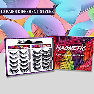 Magnetic Lashes Kit, Reusable 3D 5D Magnetic Eyelashes Set with 2 Dazzling colors Magnetic Eyeliner and Tweezer, Mink False Eyelashes Natural Look, No Glue Needed
