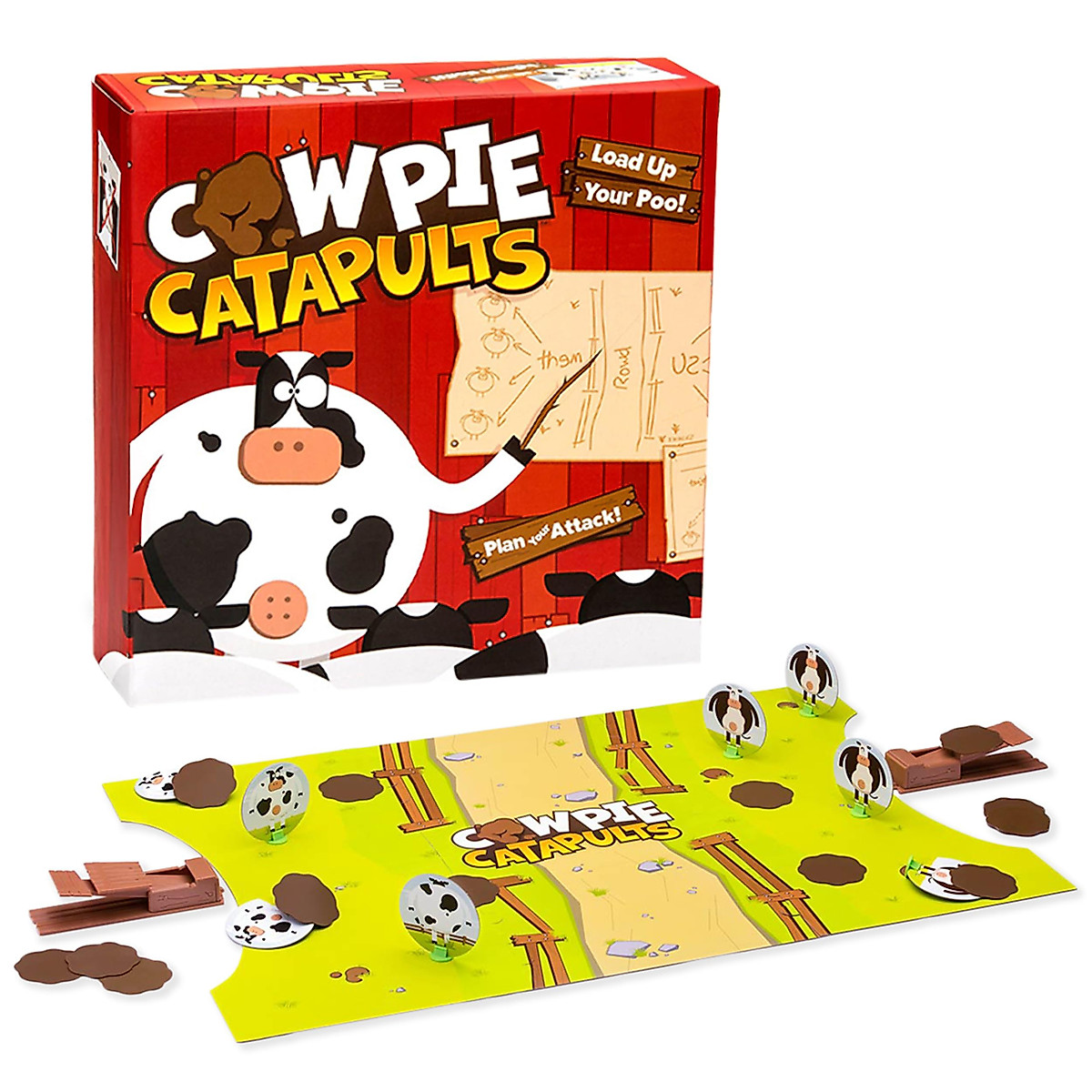 Cowpie Catapults, Launch Poo, Knock Over Cows, and Be The Last Moo Standing, Funny 2 Player Board Game for Kids & Family, Ages 6+