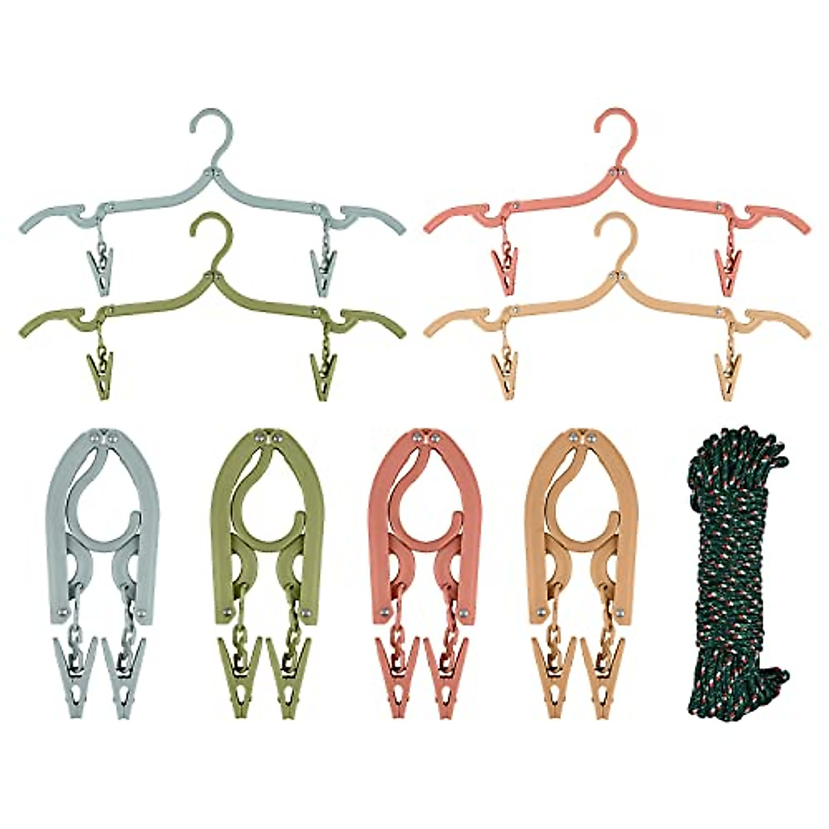 DS. DISTINCTIVE STYLE Foldable Hangers with Clips Set of 8 Travel Hangers with Clothesline for Camping