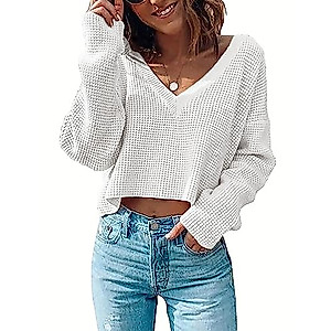 Zeagoo Women Waffle Knit Shirts Cropped Long Sleeve Top Fashion V Neck Pullover Sweaters White