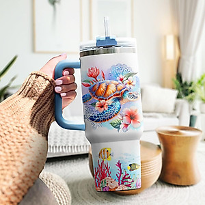 99OWL Tumbler 40 Oz With Handle Lid And Straw, Sea Turtle Hibiscus Floral Wisdom, Sea Turtle Gifts, Summer Light Insulated For Flower Beach Blue Tumblers Royal Myrtle Women