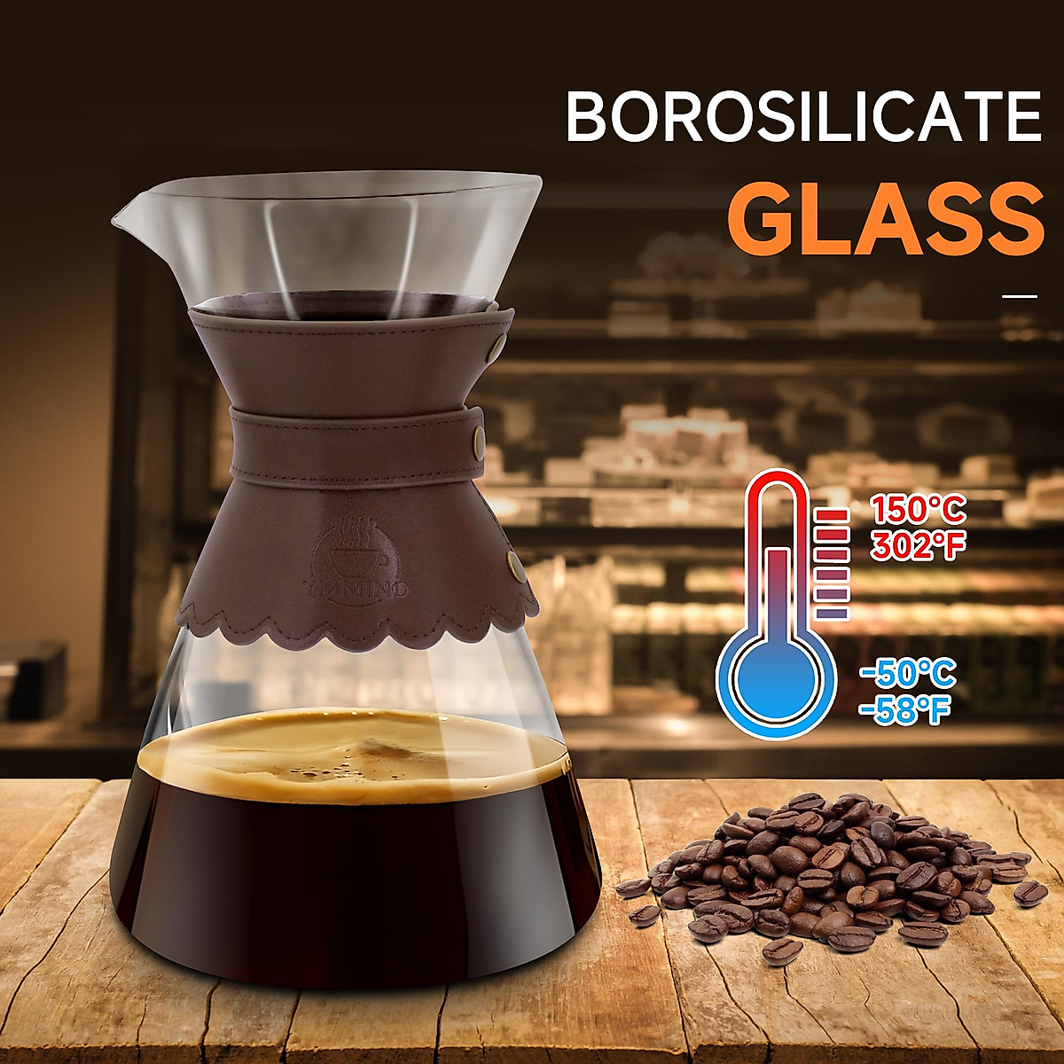 YMMIND 34oz Pour Over Coffee Maker with Double Layer Stainless Steel Filter, Borosilicate Glass Dripper, Detachable Heat-Resistant Leather Pad 7-8 Cups Coffee Maker Carafe（Dark brown）