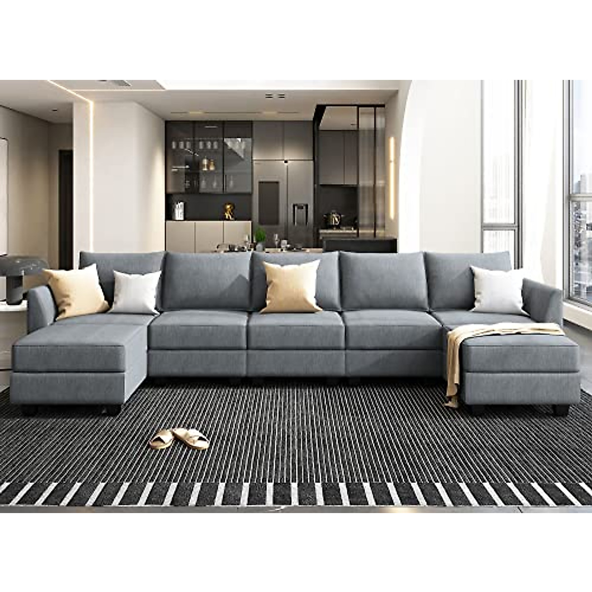 HONBAY Modular Sectional Sofa U Shaped Sectional Souch with Ottoman 7 Seat Modular Sofa with Chaise for Living Room, Bluish Grey