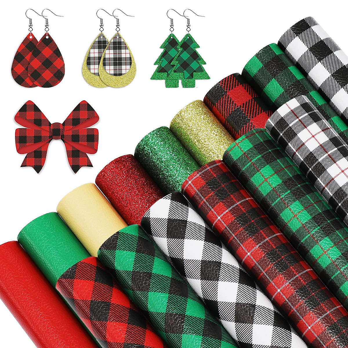 Whaline 15Pcs Buffalo Plaid Faux Leather Sheet Farmhouse Theme Christmas Synthetic Leather Red Green Gold Black White Glitter Fabric Crafts for Christmas Earring Hair Bow Gift DIY, 8.3 x 6.3 Inch