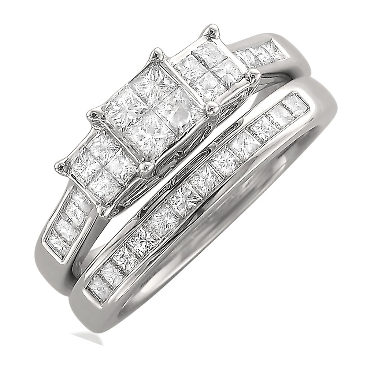 Beyond Brilliance 1.10 Carat Diamond, Prong-Set 14K White Gold Princess Cut Three-Stone Diamond Engagement Bridal Ring Set (I-J, I1-I2)