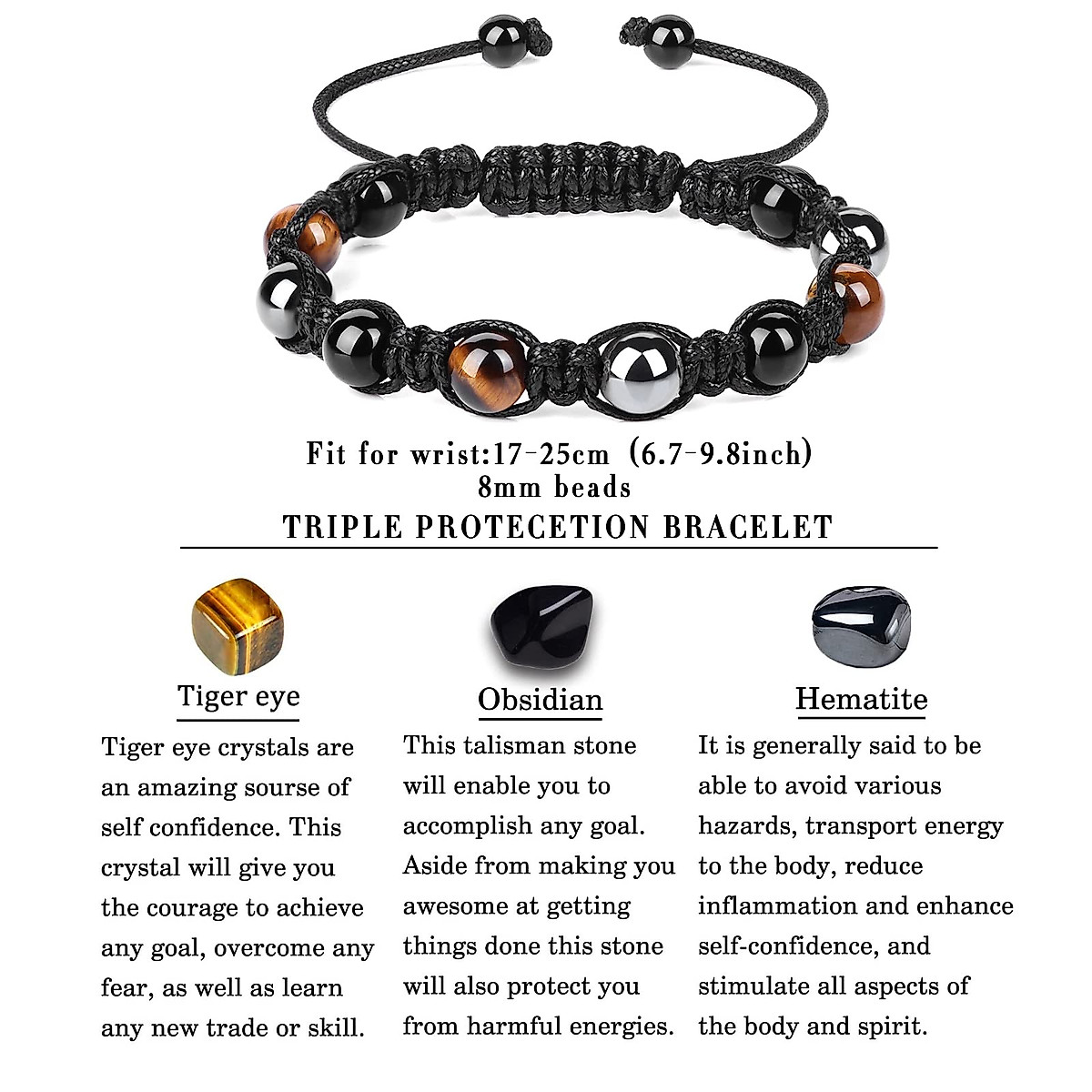Vinswet Triple Protection Bracelet,Genuine Tigers Eye Black Obsidian and Hematite Beads Bracelet for Men Women,Handmade Crystal Healing Bracelets Bring Luck and Prosperity and Happiness