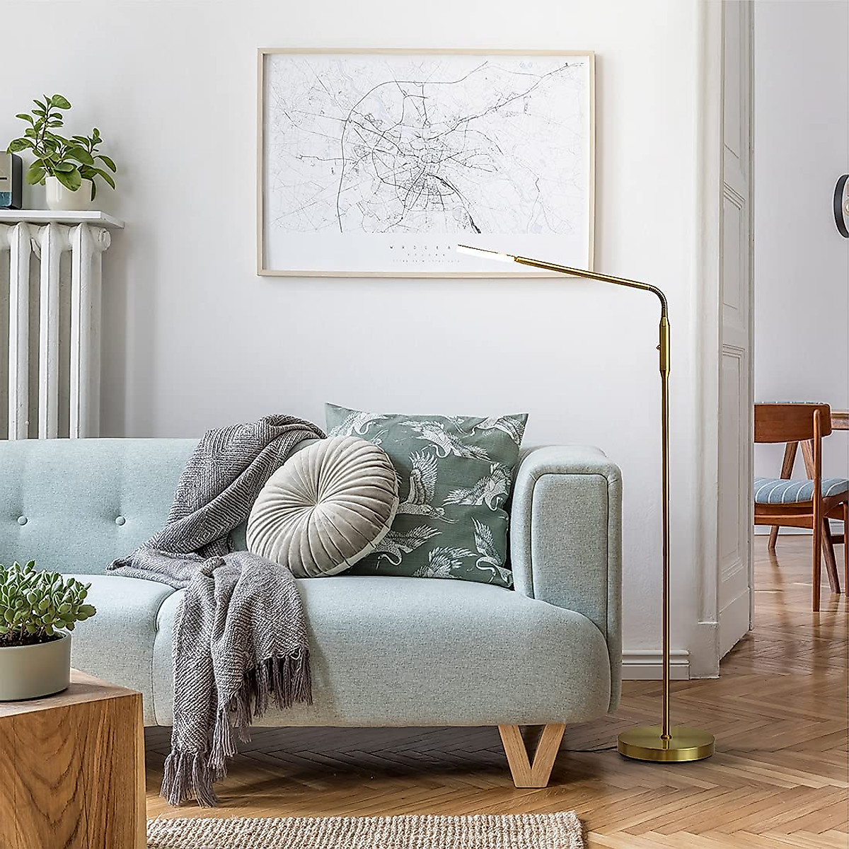 O’Bright Moon - Dimmable LED Floor Lamp, Adjustable Color Temperature for Bedside Reading, Work Light, Art/Crafting Light, Sewing, Ultra Flexible Gooseneck, Rotatable Lighting, Antique Brass (Gold)