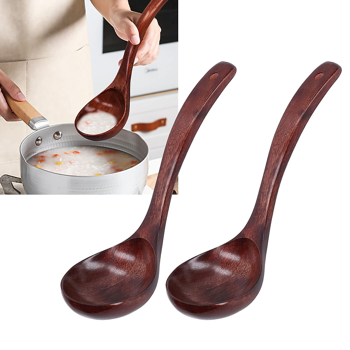 2Pcs Wooden Spoons for Cooking,Wood Spoon Scoops Wooden Ladle Spoon Nonstick Cooking Utensils for Soup Kitchen Cooking Mixing Stirring (9cm)