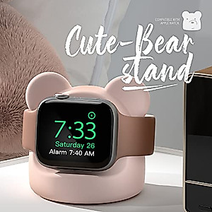 AFOOYO Bear Charger Stand Silicone Dock Holder for Apple Watch Series 8/Ultra/SE2/7/6/SE/5/4/3/2/1 (49/45/44/42/41/40/38mm),Bear iWatch Charging Dock,Supports Nightstand Mode,Blush Pink