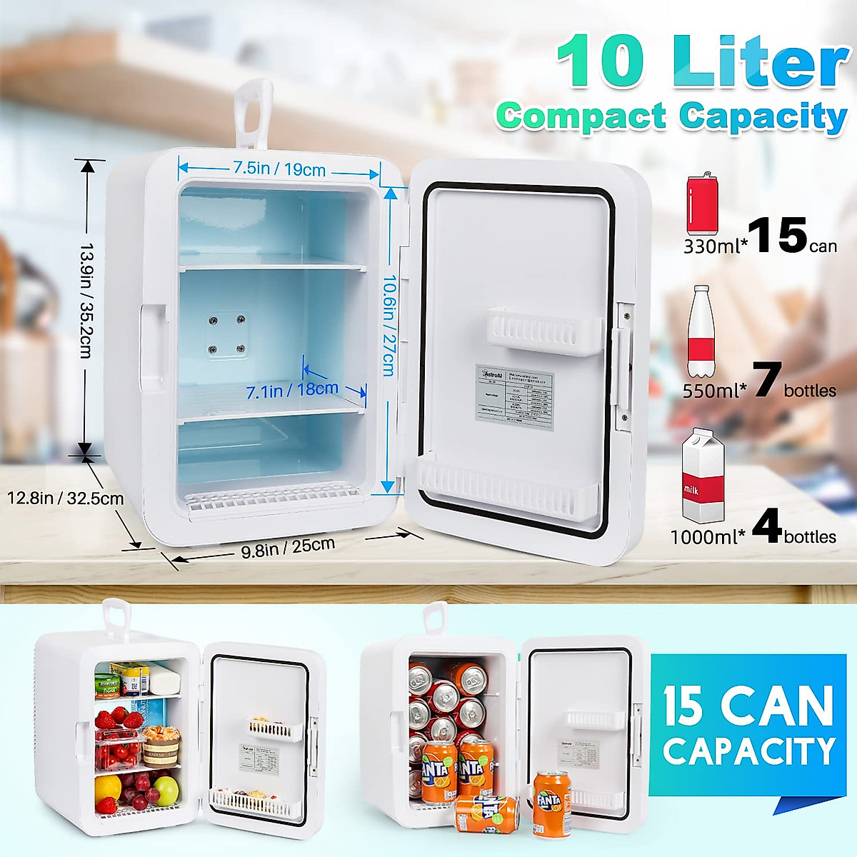 AstroAI Mini Fridge 6 Litre, 8 Can Skincare Fridge, AC/DC Portable Beauty Fridge for Skincare, Cosmetics, Bedroom (Mirror & Light)