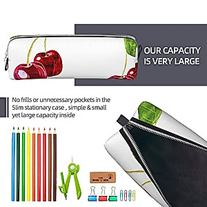 allgobee Pu Leather Pencil Bag Pen Case Watercolor-Cherries-Red-Berries Students Stationery Pouch Pencil Holder Desk Organizer