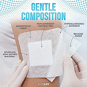 JJ CARE Waterproof Adhesive Island Dressing [Pack of 25], 4" x 4" Sterile Island Wound Dressing, Breathable Bordered Gauze Dressing, Individually Wrapped Latex Free Bandages with Non-Stick Central Pad