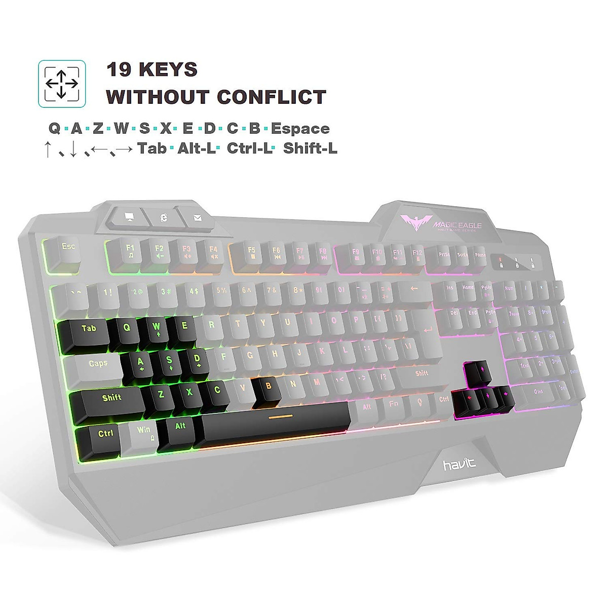HAVIT Rainbow Backlit Wired Gaming Keyboard 104 Keys LED USB Ergonomic Wrist Rest Keyboard for Windows PC Gamer Desktop, Computer (Black) (Renewed)