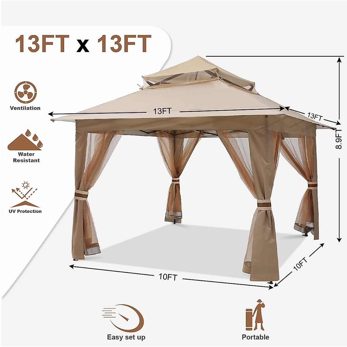 MASTERCANOPY Patio Gazebo Outdoor Pop Up Gazebo with Mesh Walls (13x13, Khaki)