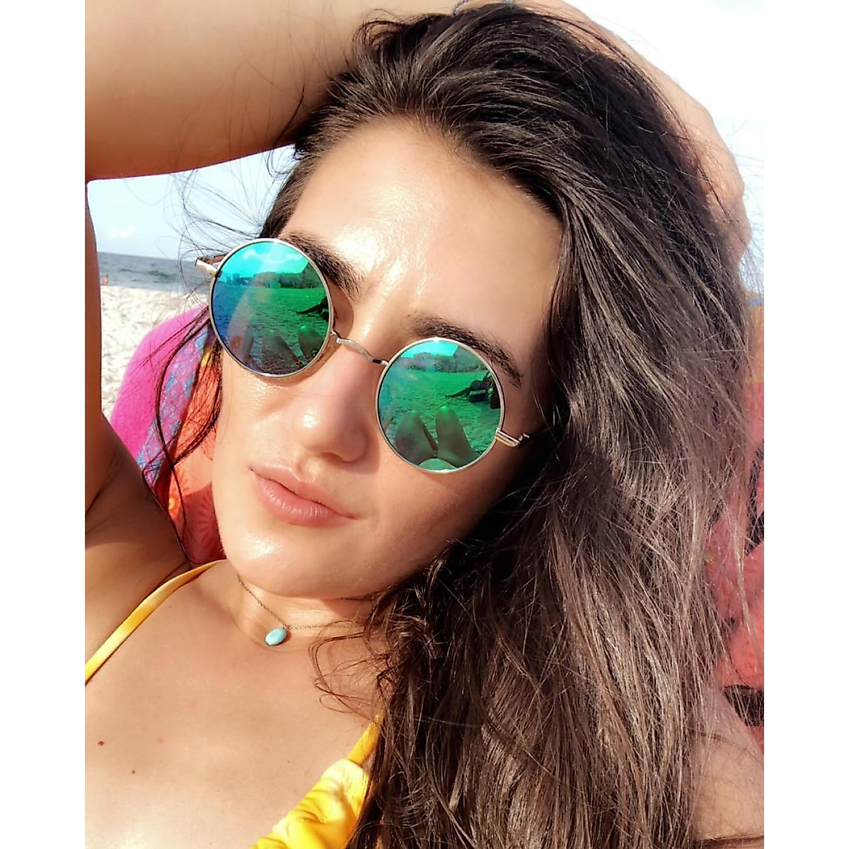 HJSTES Round Polarized Sunglasses Womens Men Retro Circle Lennon Glasses Hippie Shades(Gold/Green Mirrored)