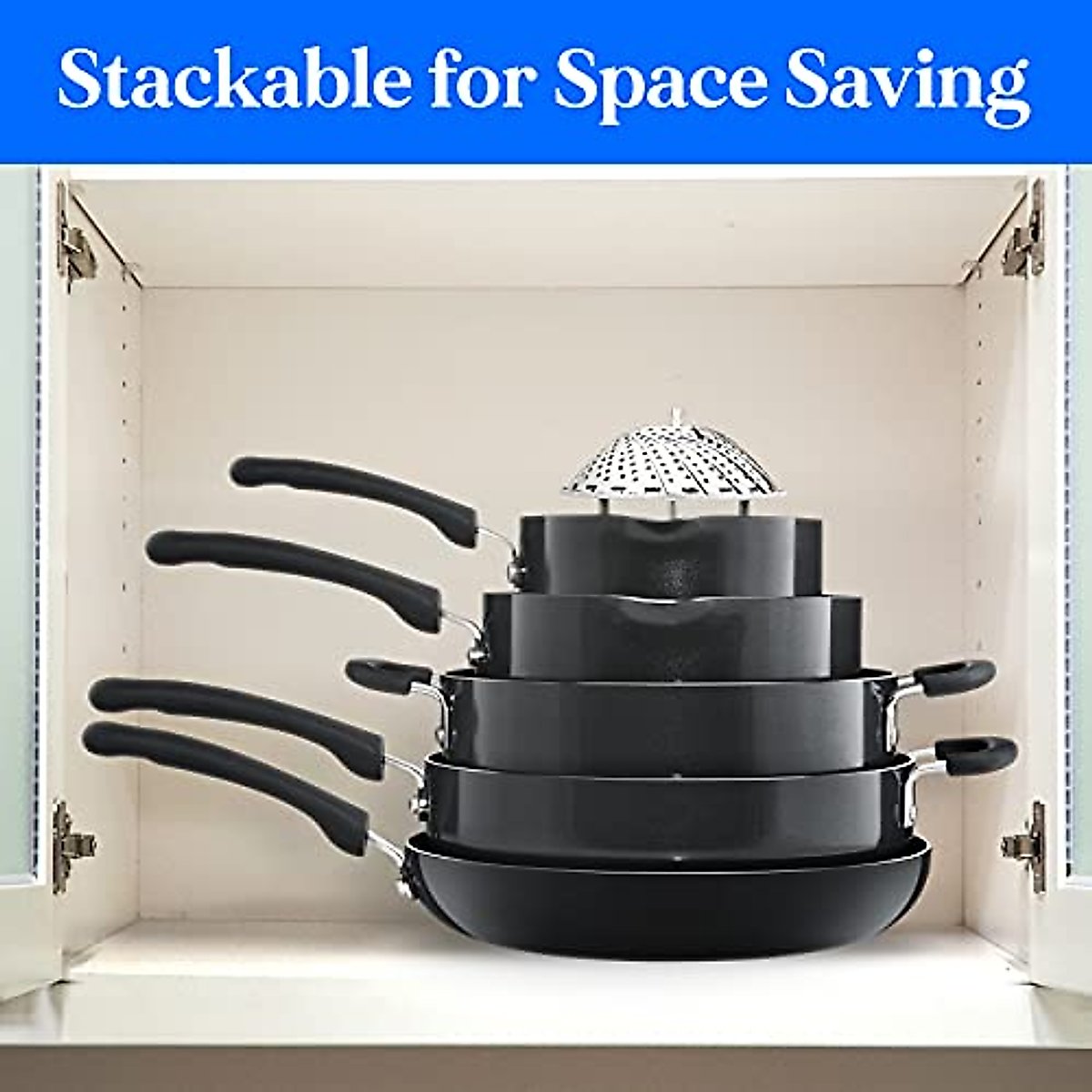 NutriChef Kitchenware Cookware, Non-Stick Pans and Pots with foldable Knob, Space Saving, Stackable, Nylon Tools, Induction Base, Black (17-Piece Set), One Size