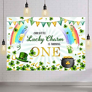 MEHOFOND 7x5ft St. Patrick's Day 1st Birthday Backdrop Lucky Charm Photography Background Green Shamrock Rainbow Gold Coins Beer Decorations for Irish Baby 1st Bday Party Cake Table Banner Photo Props