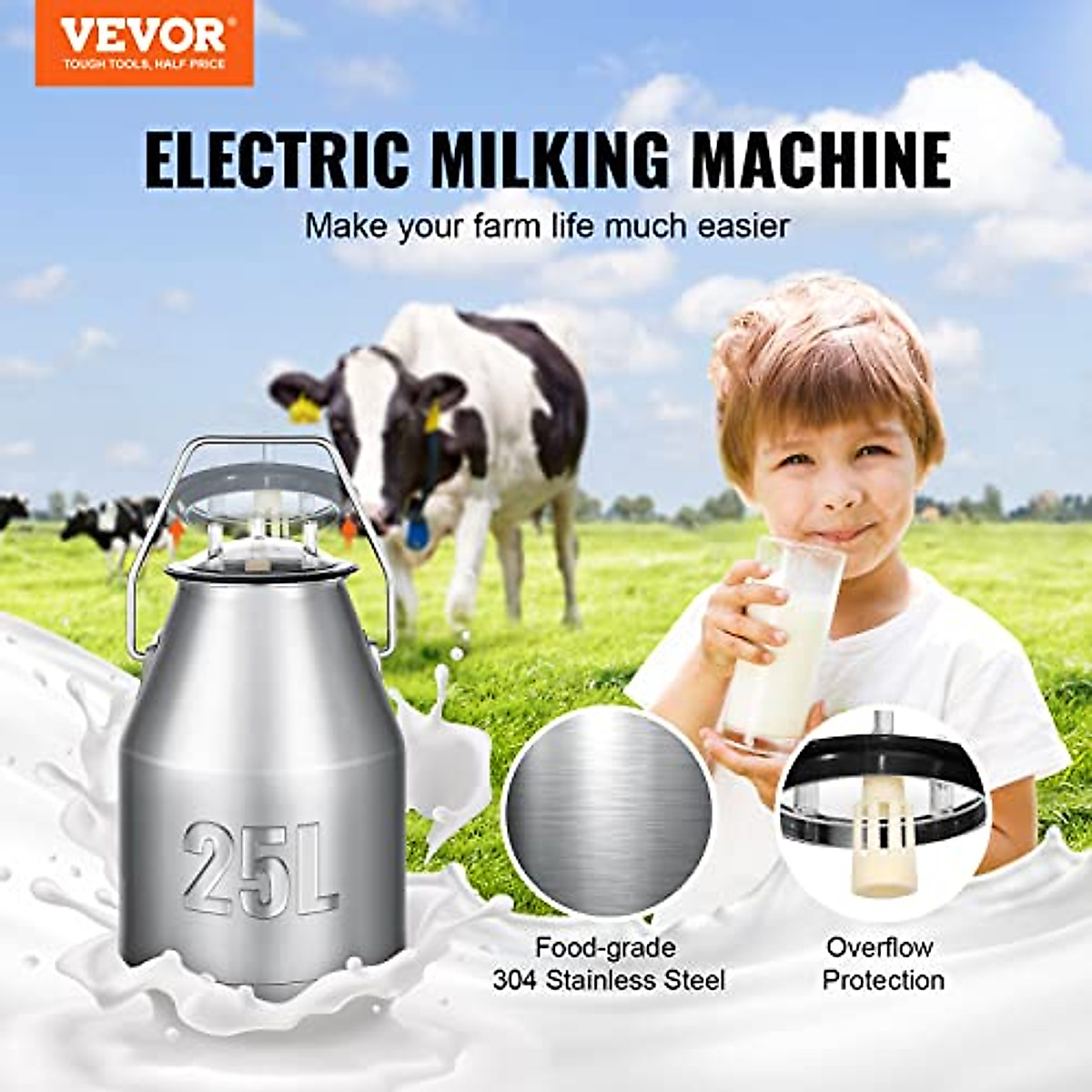 VEVOR Electric Cow Milking Machine, 6.6 Gal / 25 L 304 Stainless Steel Bucket, Automatic Pulsation Vacuum Milker, Portable Milker with Food-Grade Silicone Cups and Tubes, Adjustable Pressure