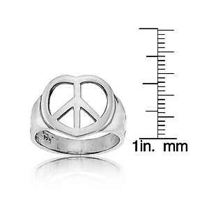 Hoops & Loops 925 Sterling Silver Heart Peace Sign Statement Signet Style Ring for Women Men Teen Girls, Size 7