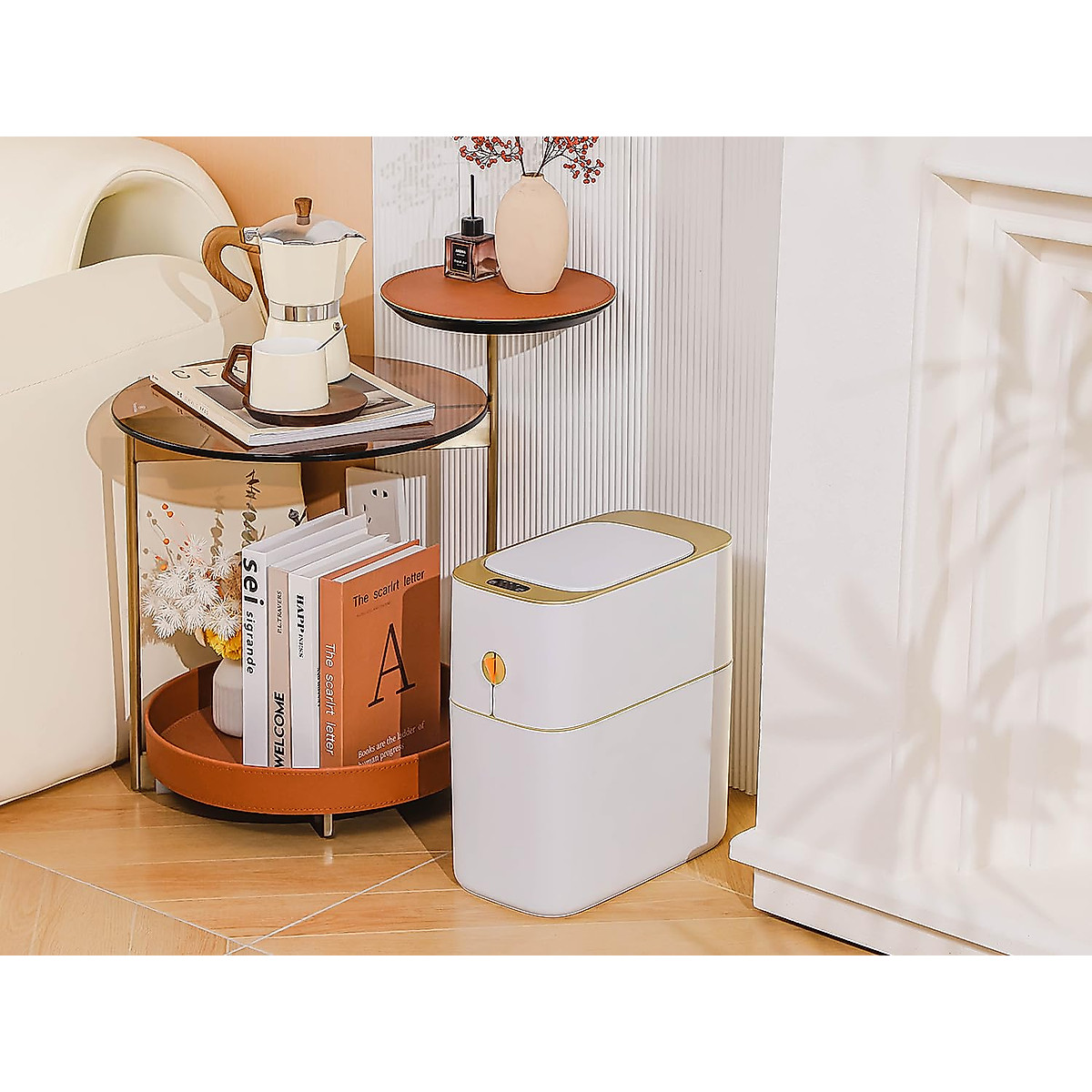 MOPALL Bathroom Trash Can Automatic Touchless,Small Motion Sensor Trash Can with Lid,4 Gallon White-Gold Narrow Smart Garbage Can,Boho Decorative Wastebasket for Bedroom,Home Office,Bathroom