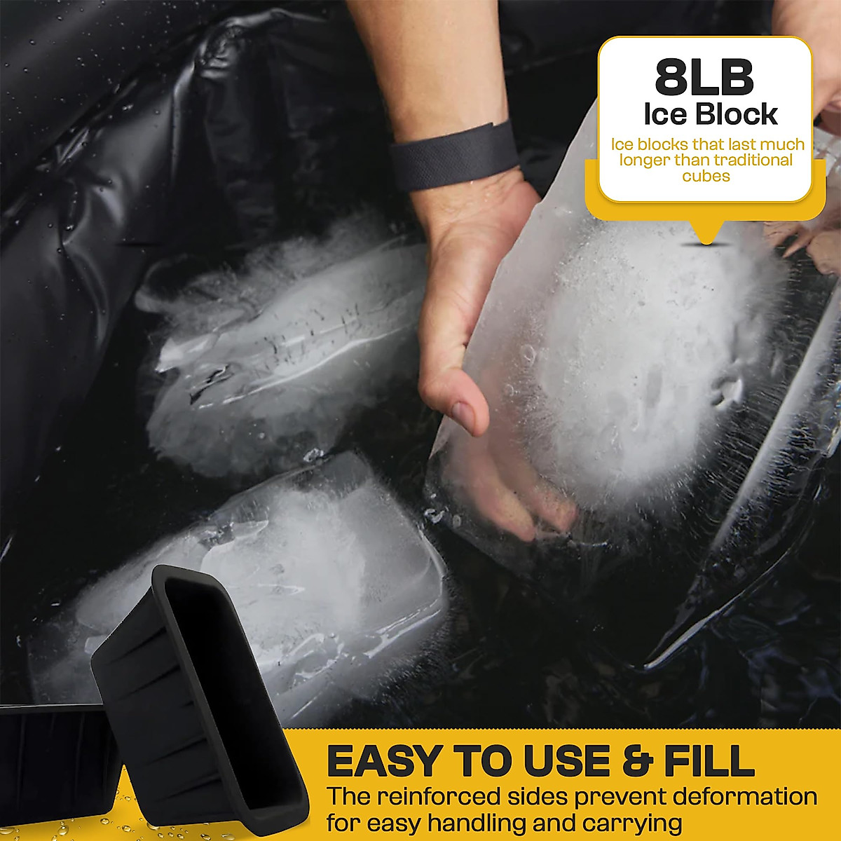 Polar Plunge Extra Large Ice Block Mold for Ice Bath, Cold Plunge or Coolers - Food-Grade Silicone Ice Block Maker with Reinforced Steel Rims - Big Cube Ice Mold - 8Lb Capacity - Black