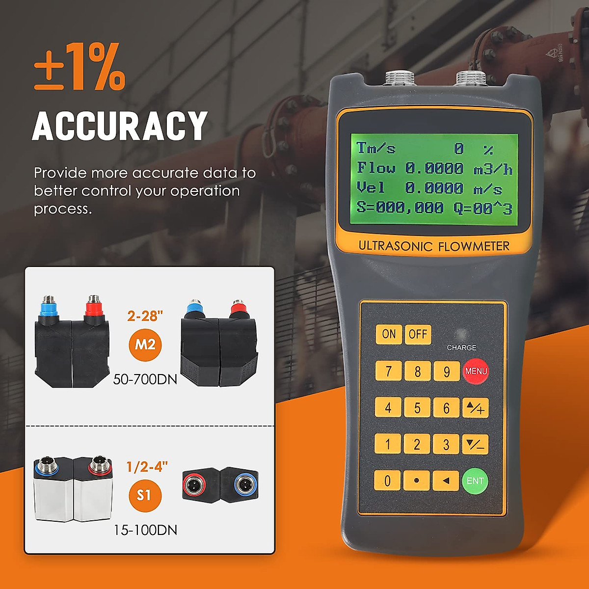 Bonvoisin Handheld Ultrasonic Flow Meter Portable Clamp on Flowmeter with Data Output S1+M2 Sensors for Seawater Alcohol Industrial Sewage DN15-700mm (1/2-28")