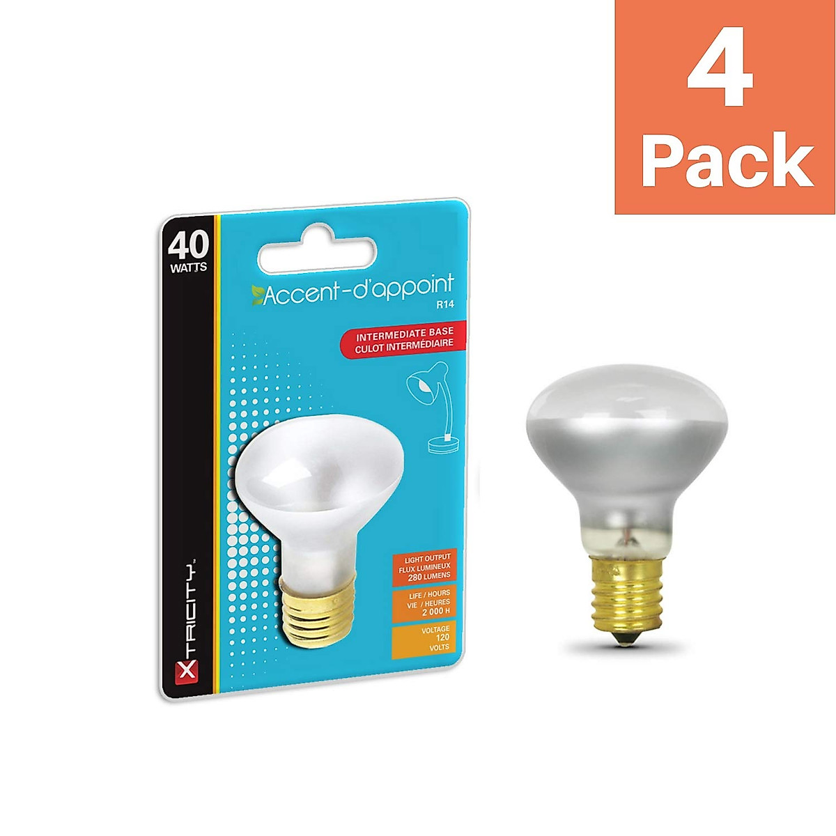 Xtricity 40W R14 Reflector Light Bulb, E17 Intermediate Base, 280 Lumens, Dimmable, 120V, (4 Pack)