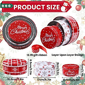 DIYDEC 3 Pack Christmas Cookie Tins with Lids Round Christmas Tin Containers with Gift Ribbon Large Medium Small Xmas Metal Nesting Containers Festive Cookie Tins for Gift Giving Holiday Treats