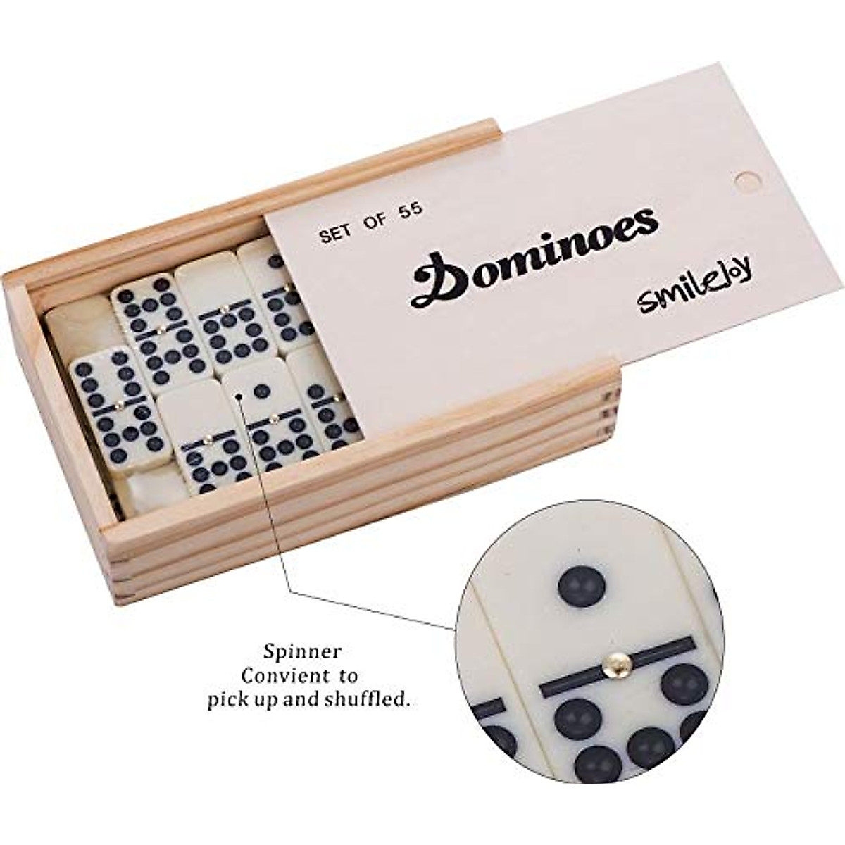 Smilejoy Dominoes Set for Adults, Double Nine Domino Set for Classic Board Games, Dominoes Double 9 for Family Games with Natural Wooden case with Spinner 55pcs