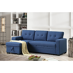 RENDGO 92 inch L-Shape Sectional Sleeper Sofa with Chaise Storage and Pull-Out Bed, Tufted Linen Backrest, Reversible 3-Seater for Living Spaces, Blue
