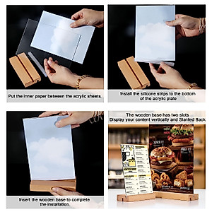 newnewshow Acrylic Sign Holder with Wood Base Wood Sign Holder Vertical or Slant Back Display for Store Office (5x7 L/T)