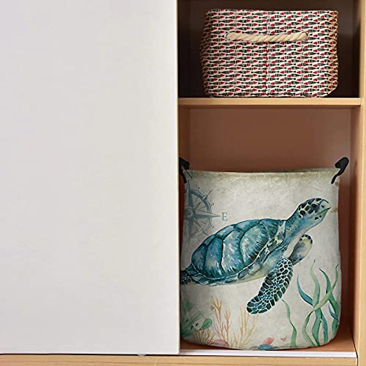 Marine Animals Freestanding Laundry Basket with Handles, Collapsible Waterproof Large Laundry Hamper for Baby Nursery Kids Room Dorm Storage, Ocean Theme Sea Turtle Starfish