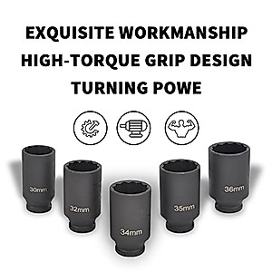 TBAPFS 5Pcs 1/2" Drive Deep Impact Socket Set 12 Point Metric 30mm 32mm 34mm 35mm 36mm Drive Spindle Axle Hub Nut Socket Set,Heavy Duty w/Portable Storage Case,Use In Removing And Installing Axle Nuts