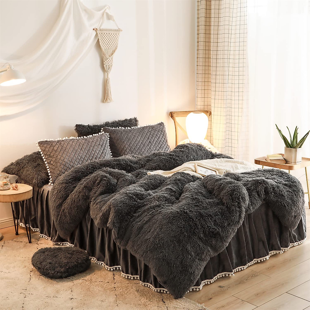HAIHUA Luxury Plush Shaggy Duvet Cover Flannel Velvet Bedding (1 Faux Fur Duvet Cover +2 Faux Fur Pillowcases)Fluffy Comforter Bed Sets 3 Pieces ,Zipper Closure (Dark Gray, Queen)
