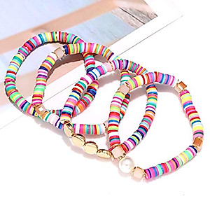 ARATLENCH Heishi Surfer Necklaces Bracelets –Colorful Vinyl Disc Beads Love Necklace Boho Rainbow Stack Stretch Friendship Bracelet Necklaces Set for Women