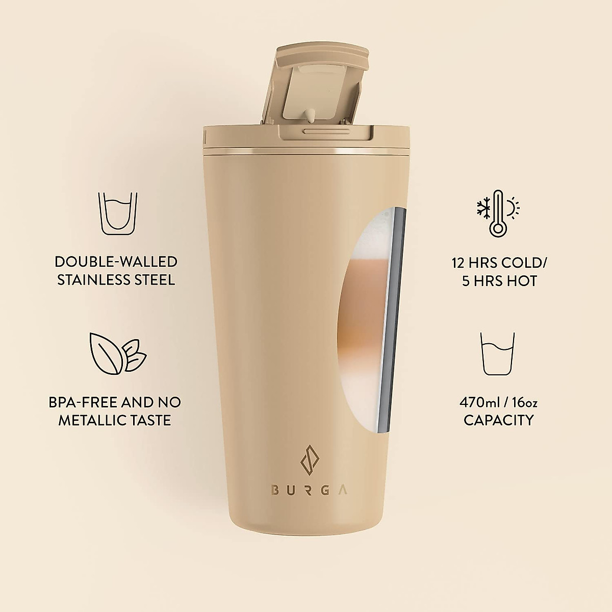 BURGA Travel Coffee Mug (16oz) – Spill-Proof, Secure-Seal Insulated Coffee Mug – Scratch-Resistant, Stainless Steel Travel Mug Stays Hot or Cold – Anti-Slip Coffee Tumbler – Nude Marble Travel Mug