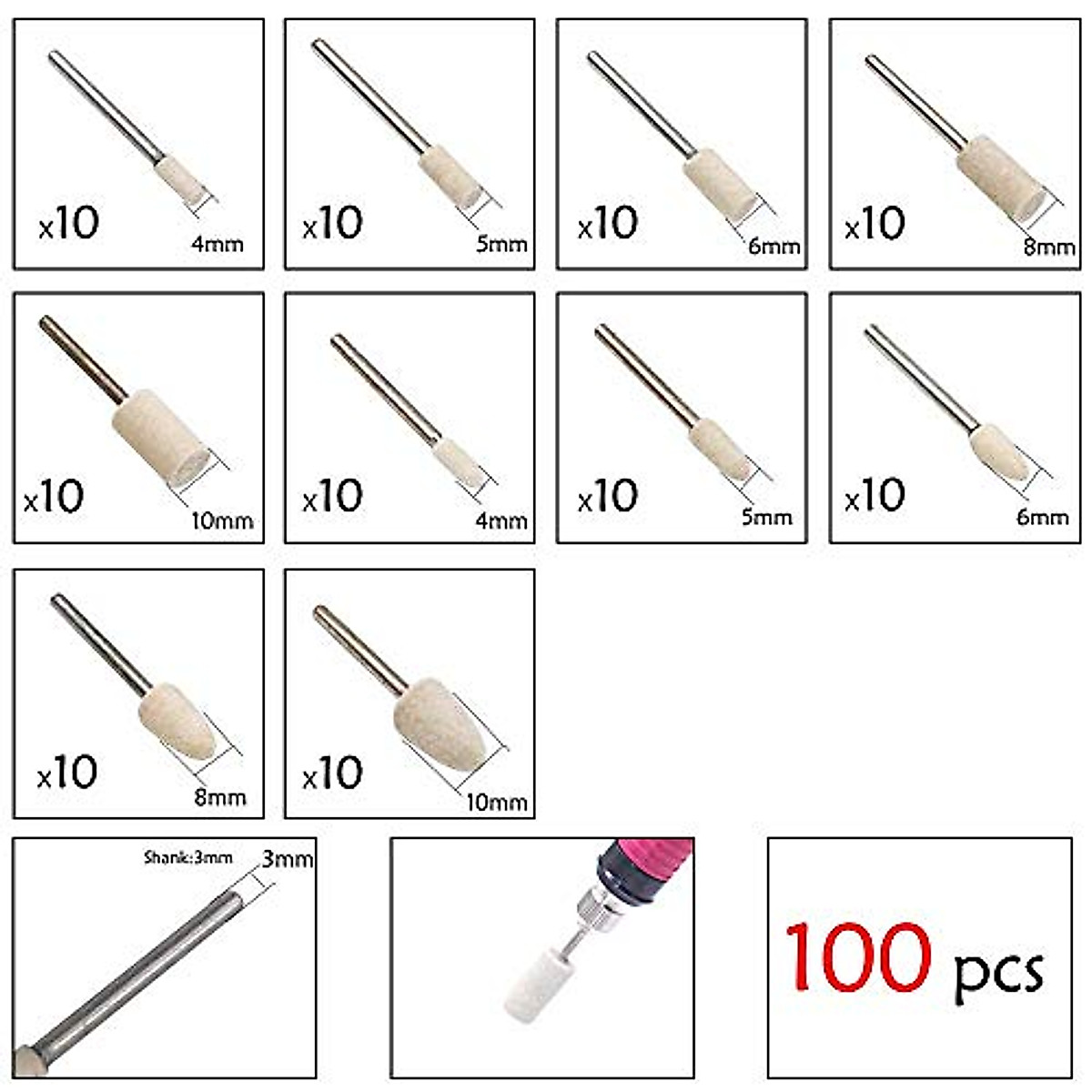 100Pcs Felt Polishing Wheels Wool Polishing Buffing Pads, Mandrel Mounted Grinding Bits，Polishing Grinding Head Wheel Tool Kit For Dremel Rotary Tool - 1/8 Inch Shank