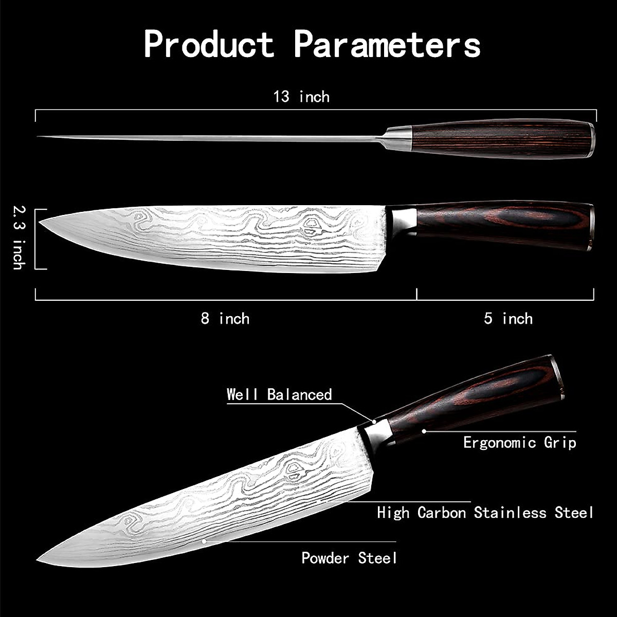 Professional chef's knife - 8 inch German high carbon stainless steel blade, super sharp kitchen and restaurant cooking knife