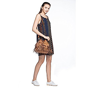ZLYC Women Handmade Dip Dye Leather Bohemian Fringe Tassel Drawstring Bucket Bag, Brown