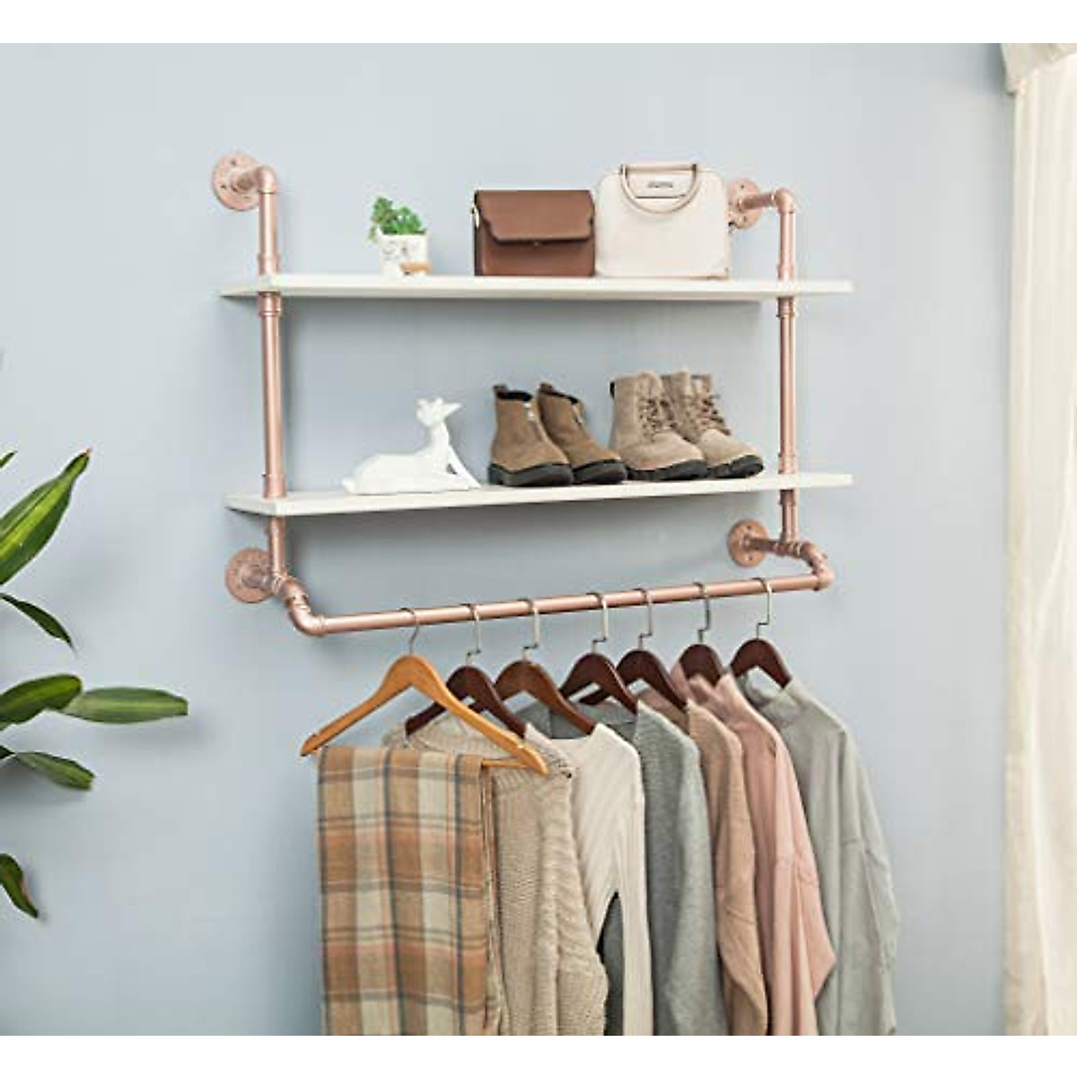 FOF FRIEND OF FAMILY Industrial Pipe Garment Rack with Double Tier shelves, Wall Mounted Clothes Rod for Clothing Storage, Rose Gold&White Color, 40" Wide